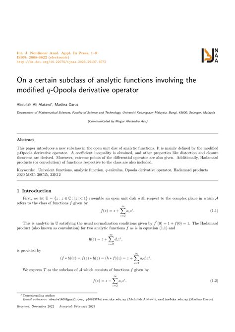 Pdf On A Certain Subclass Of Analytic Functions Involving The Modified Q Opoola Derivative