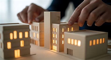 Hands Arranging Miniature Building Models With Interior Lighting Stock