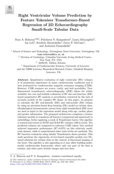 Pdf Right Ventricular Volume Prediction By Feature Tokenizer Transformer Based Regression Of