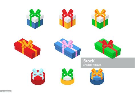 흰색 배경에 리본 리본이 있는 사실적인 벡터 일러스트레이션 선물 및 선물 상자 등가성 선물 상자는 평면 만화 스타일로 아이콘을 설정합니다 리본 리본 일러스트가 있는 상자를
