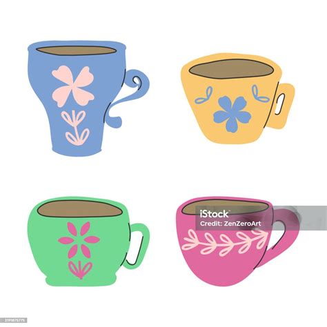 찻잔 기호 클립 아트 세트 낙서 아이콘 손으로 그린 장식 스트로크 라인 다채로운 다양한 실루엣 복고풍 파스텔 컬러 만화 평면 디자인 고립된 요소 벡터 일러스트 레이 션 0