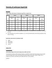 Density Of Unknown Liquid Lab Pdf Density Of Unknown Liquid Lab Raw Data Table Mass And
