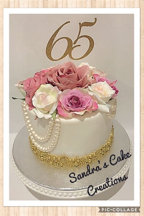 Elegant 65th Birthday Cake With Pink Flowers And Pearls