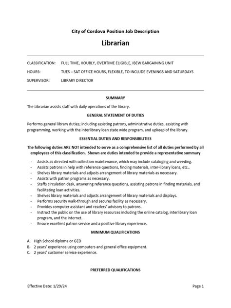 Librarian Job Description Pdf