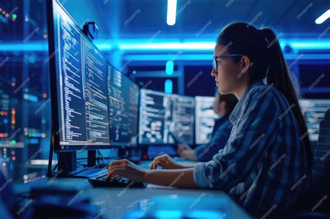Smart Female It Programmer In Data Center Control Room Premium Ai
