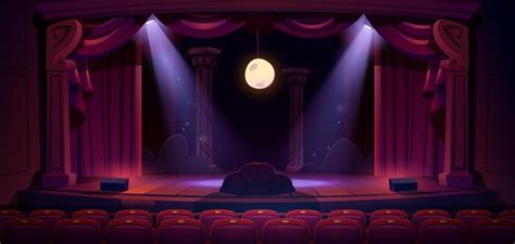 빨간 커튼이 있는 극장 무대 스포트라이트 달 무료 벡터