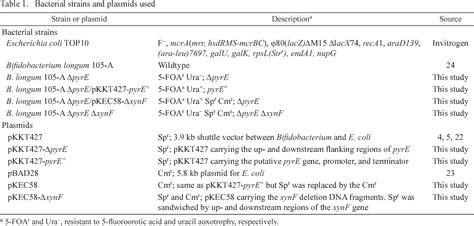 Table 1 From The Pyre Gene As A Bidirectional Selection Marker In Bifidobacterium Longum 105 A