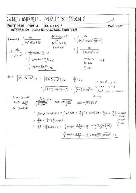 Integrands Involving Quadratic Equation Mechanical Engineering Project Study PangSU Studocu