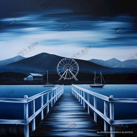 Ai创作图夜色大海栈桥 栈桥风光长图 栈桥图片 摩天轮夜景观景轮 栈桥背景素材 暮色大海栈桥 水车与夜色 创意夜景合成 月色水车 风景大片风光海报 电脑画酒店画意境画 串月桥插画 蓝色风景艺术