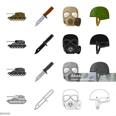 자주포 전투 칼 군사 가스 마스크 육군 헬멧 군대와 군대 만화 블랙 단색 개요 스타일 벡터 기호 재고 일러스트 웹에서 컬렉션 아이콘을 설정합니다 군사에 대한 스톡 벡터 아트