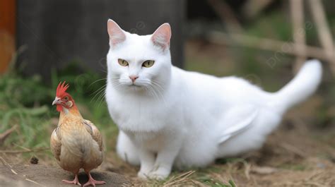 하얀 고양이와 닭을 배경으로 아이노시마 꿩 흰 고양이의 귀여운 고양이 고화질 사진 사진 배경 일러스트 및 사진 무료 다운로드