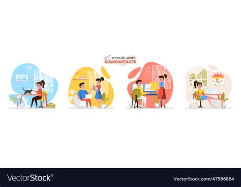 Remote Work Disadvantages Concept Scenes Set Vector Image