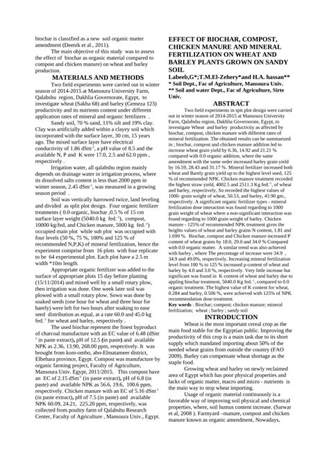 (PDF) EFFECT OF BIOCHAR, COMPOST, CHICKEN MANURE AND MINERAL FERTILIZATION ON WHEAT AND BARLEY ...