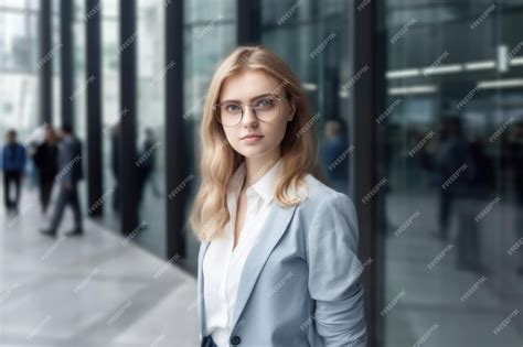 Premium Photo Young Shy Blonde Girl In Business Attire Standing In
