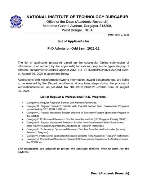 List Of Applicants Phd Programme Odd Sem 2021 22 Pdf