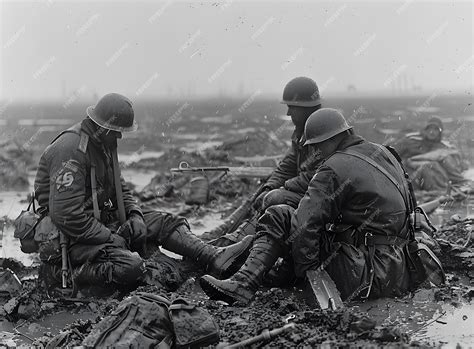 Three American Soldiers In A Muddy Foxhole During World War Ii