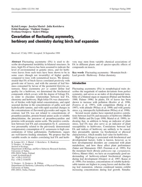 Pdf Covariation Of Fluctuating Asymmetry Herbivory And Chemistry