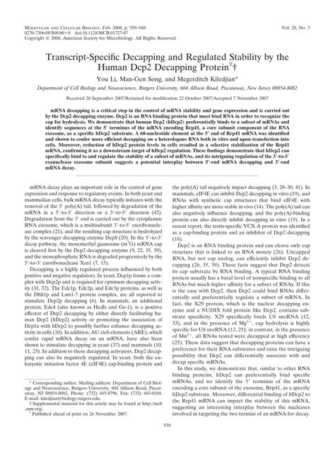 Pdf Transcript Specific Decapping And Regulated Stability By The