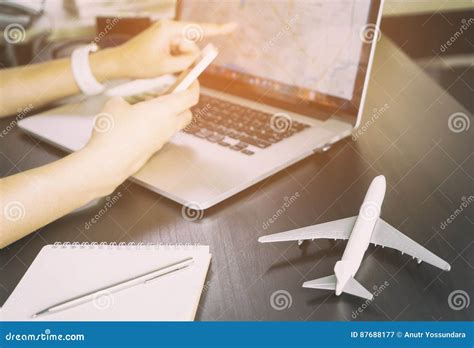 Traveler Is Using Internet Gps Map On Laptop Stock Image Image Of Street Plane