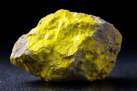 Shiny Yellow Uranium Ore Mineral On Black Closeup Of Uranium Rock With