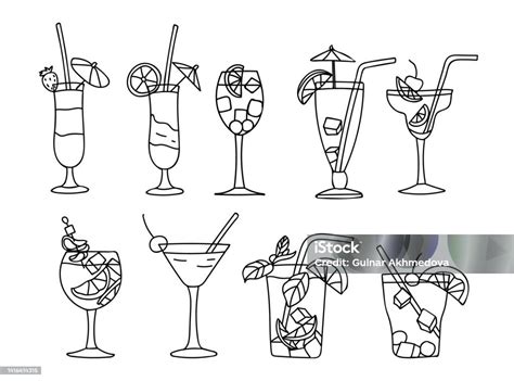 벡터로 설정된 추운 여름 칵테일 낙서 일러스트레이션 벡터로 칵테일 손으로 그린 일러스트 컬렉션 콜드 레모네이드 낙서 일러스트