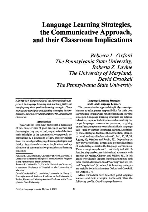 Pdf Language Learning Strategies The Communicative Approach And Their Classroom Implications