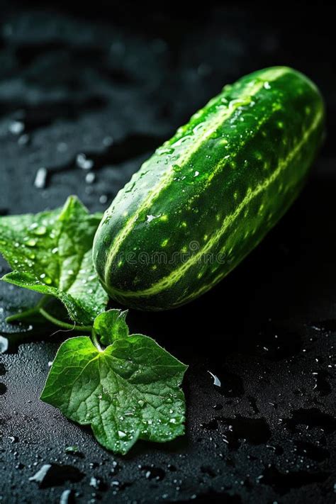 A Single Cucumber Sits On A Dark Or Black Surface Possibly Used For Food Styling Or Still Life