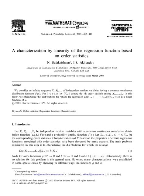 Pdf A Characterization By Linearity Of The Regression Function Based On Order Statistics