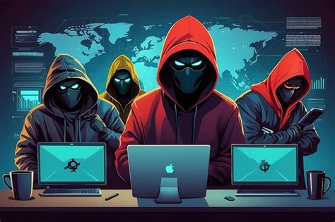 Colored Internet Hacker Composition With Hacker Group Headline And Group Of Thieves Premium Ai