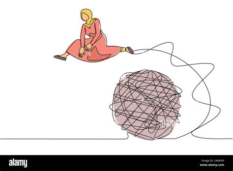 Continuous One Line Drawing Arab Businesswoman Jumping Over Tangled