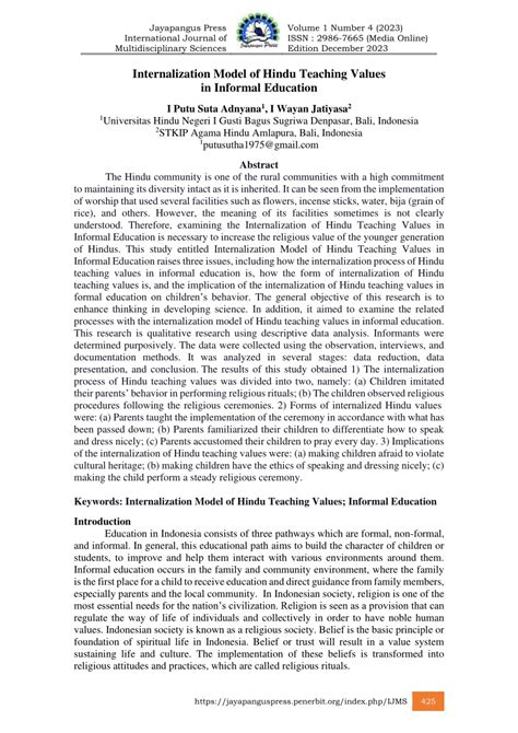 Pdf Internalization Model Of Hindu Teaching Values In Informal Education