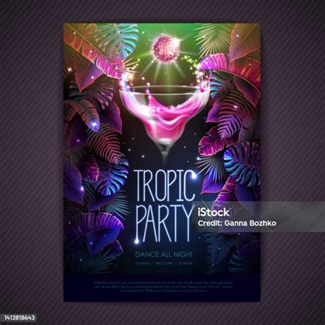 형광 열대 잎과 디스코 볼이있는 여름 열대 칵테일 파티 포스터 자연 개념 여름 배경 벡터 일러스트 레이 션 계절에 대한 스톡 벡터 아트 및 기타 이미지 Istock