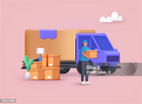 배달원과 추적 온라인 배송 서비스 개념 온라인 주문 추적 가정 및 사무실 배달 움직이는 트럭과 마분지 상자 이사하는 집 운송 회사 3차원 웹 벡터 일러스트레이션 개념에 대한
