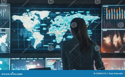 global data analysis woman examining world map on a wall of screens