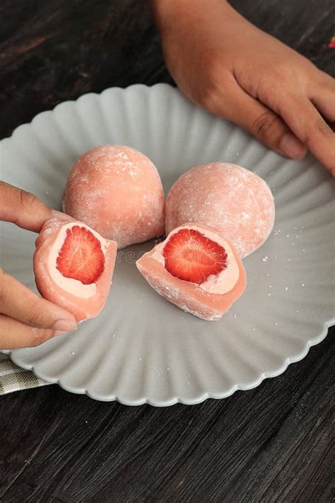 Strawberry Daifuku Or Ichigo Daifuku Mochi Japanese Pink Mochi Stock