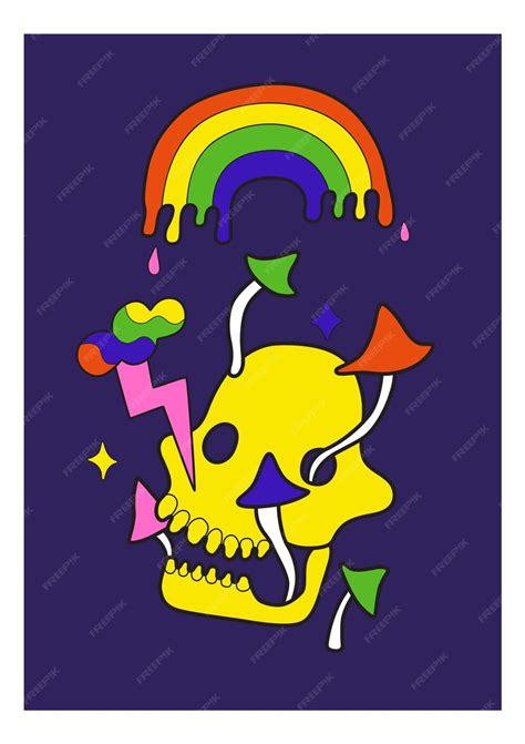 사이키델릭 포스터 초현실적인 카드 버섯이 있는 두개골 밝은 무지개 구름과 번개 환각제 독성 Agaric Trippy 얼굴 만화 죽음의 머리 벡터 히피 배너 프리미엄 벡터