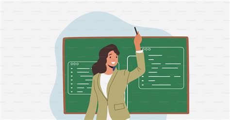 친절한 교사 여자는 칠판에 서서 하얀 배경에 고립된 수업을 설명한다 젊은 여성 교사 캐릭터는 정장을 입고 학교 수업에서