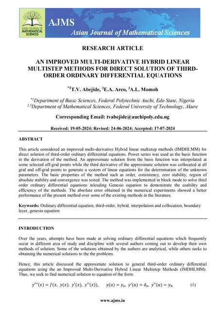 An Improved Multi Derivative Hybrid Linear Multistep Methods For Direct Solution Of Thirdorder