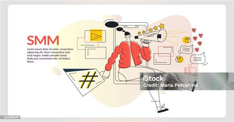 Smm 소셜 미디어 마케팅 영향력 및 인터넷 광고 개념 스마트폰에 있는 소녀가 라우드스피커를 들고 있습니다 브랜드 홍보대사