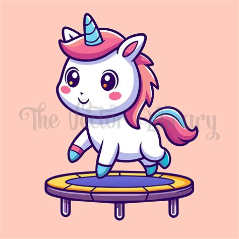 Cartoon Unicorn On Trampoline Chibi Unicorn Enjoying A Jump Unicorn