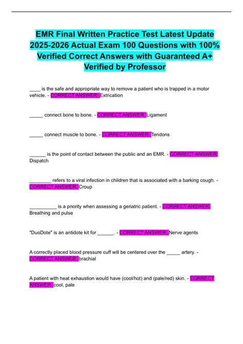 Emr Final Written Practice Test Latest Update Actual Exam 100 Questions With 100 Verified