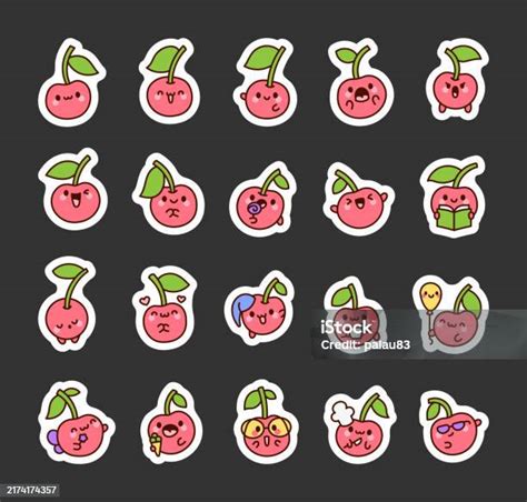 귀여운 카와이 체리 스티커 책갈피 챠밍 과일 캐릭터 손으로 그린 스타일 벡터 그리기 디자인 요소 모음 가공의 인물에 대한 스톡 벡터 아트 및 기타 이미지 Istock