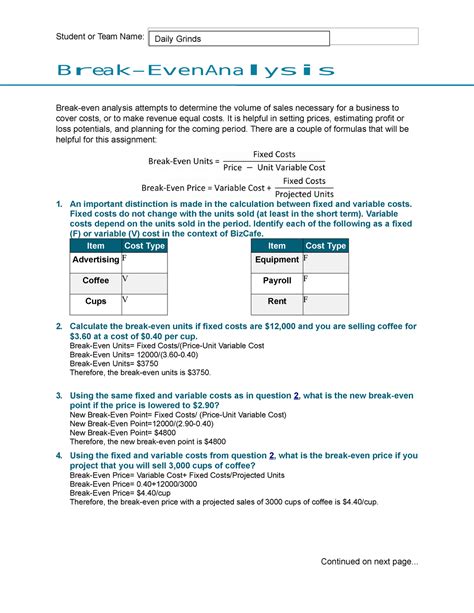 Break Even Analysis Assignment 1 Break Evenanalysis Break Even