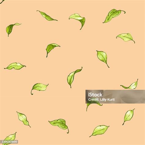 부드러운 복숭아 배경에 흩어져있는 아름다운 녹색 잎이 차분한 패턴을 만듭니다 0명에 대한 스톡 벡터 아트 및 기타 이미지 0명 계절 꽃꽂이 Istock