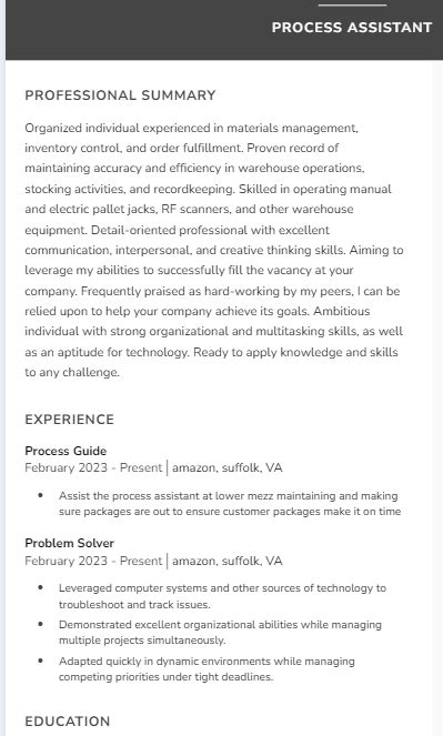 Amazon Process Assistant Resume Feedback R Resumeexperts