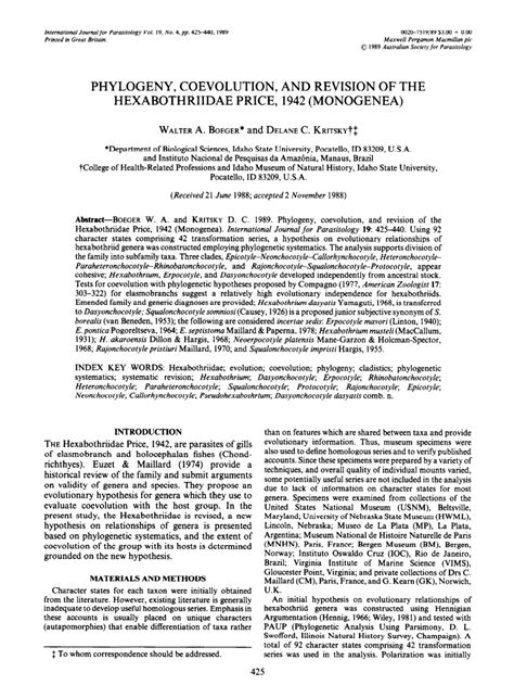 Pdf Phylogeny Coevolution And Revision Of The Hexabothriidae Price