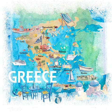 Greece Illustrated Travel Map With Landmarks And Highlights Fine Art