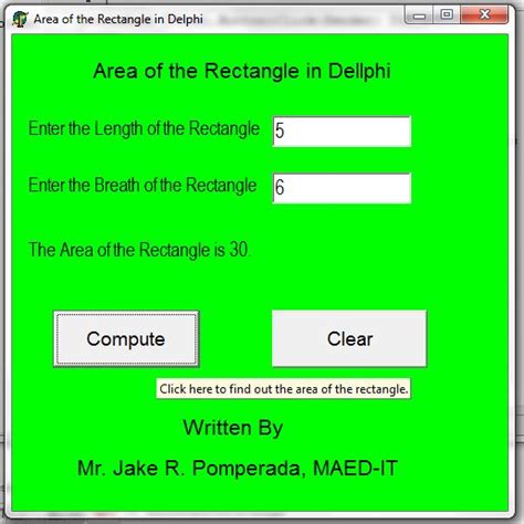 Free Programming Source Codes And Computer Programming Tutorials Area Of Rectangle In Delphi