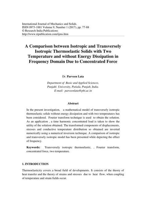 Pdf A Comparison Between Isotropic And Transversely Isotropic Thermoelastic Solids With Two