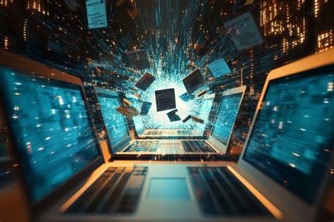 Digital Data Explosion With Laptops And Floating Documents Stock